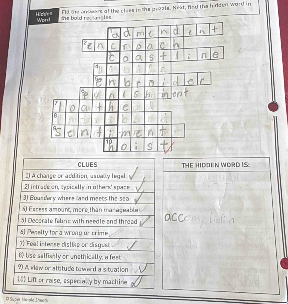 Solved: Hidden Fill the answers of the clues in the puzzle. Next, find ...