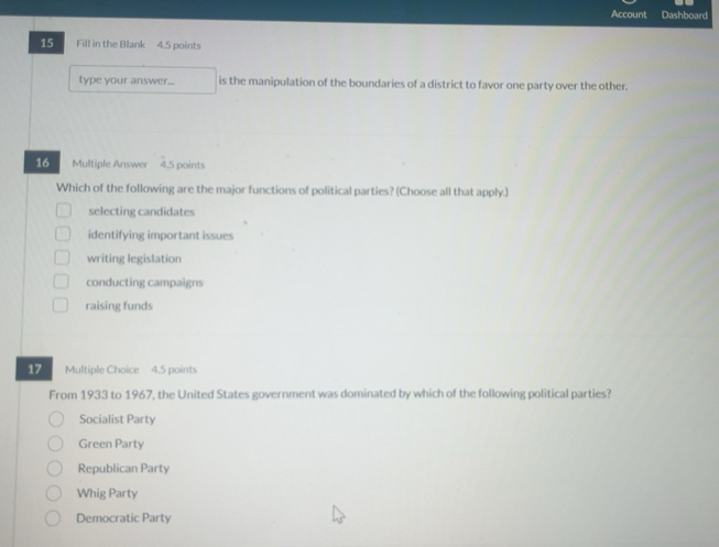 Solved: Account Dashboard 15 Fill in the Blank 4.5 points type your ...