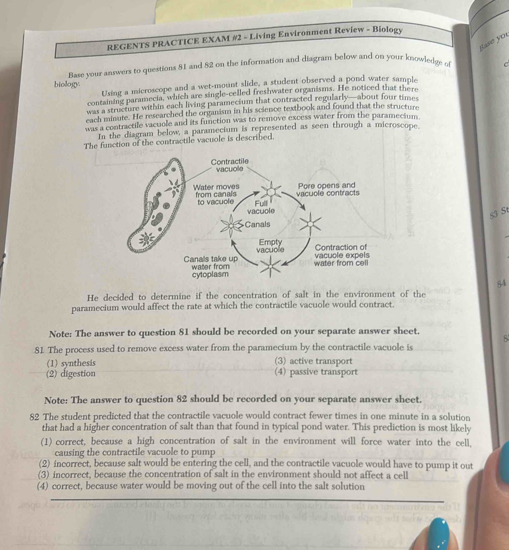 Solved: REGENTS PRACTICE EXAM #2 - Living Environment Review - Biology ...