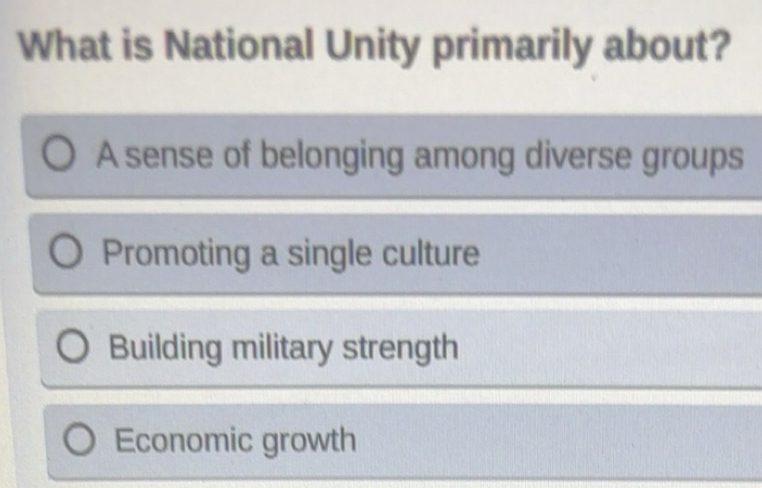 Solved: What is National Unity primarily about? A sense of belonging ...