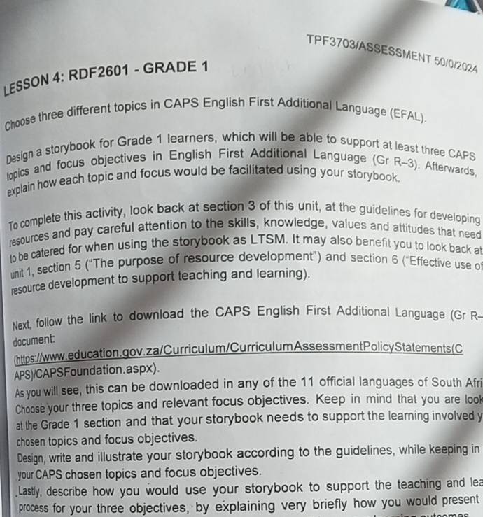 Solved: TPF3703/ASSESSMENT 50/0/2024 LESSON 4: RDF2601 - GRADE 1 Choose three different topics i ...