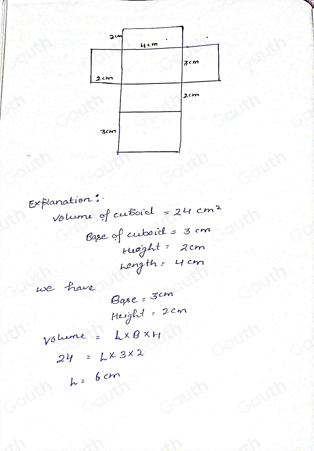 แก้ไขแล้ว:The volume of a cuboid is 24cm^3. The base of the cuboid is 3 ...