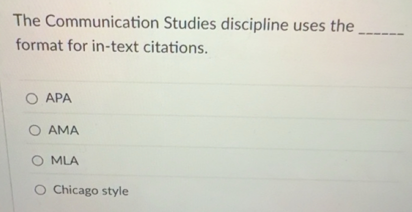 Solved: The Communication Studies discipline uses the_ format for in ...