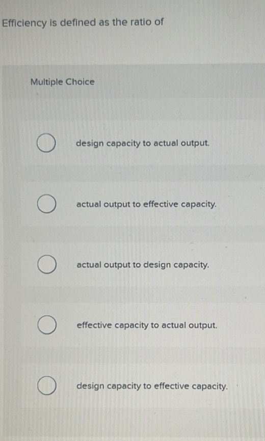 Solved: Efficiency is defined as the ratio of Multiple Choice design capacity to actual output ...