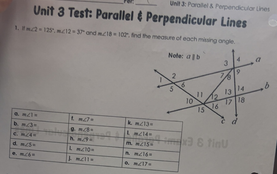 Solved: Per;_ Unit 3: Parallel & Perpendicular Lines Unit 3 Test ...