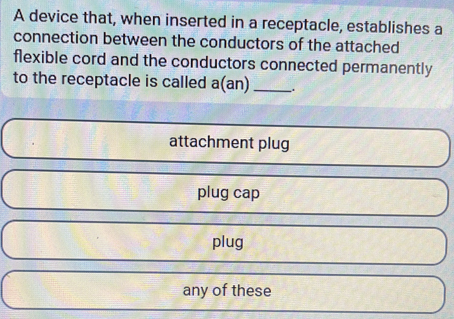 Solved: A device that, when inserted in a receptacle, establishes a ...