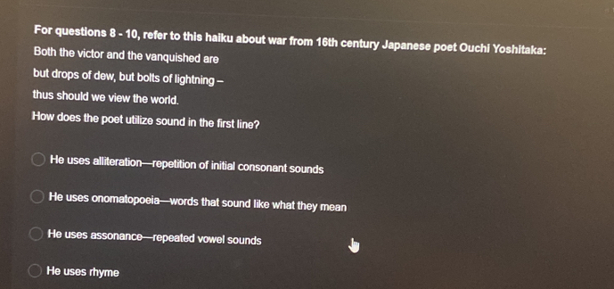 Solved: For questions 8 - 10, refer to this haiku about war from 16th ...