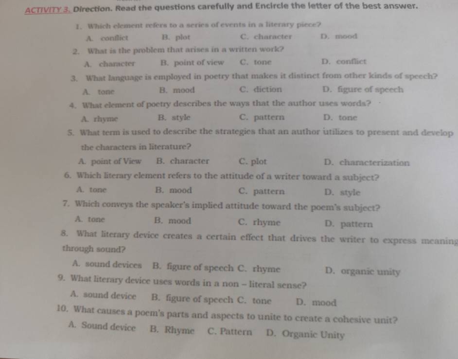 Solved: ACTIVITY 3. Direction. Read the questions carefully and ...