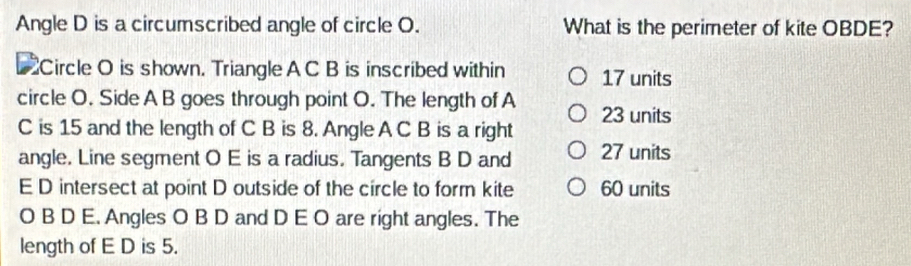 Solved: Angle D is a circumscribed angle of circle O. What is the ...