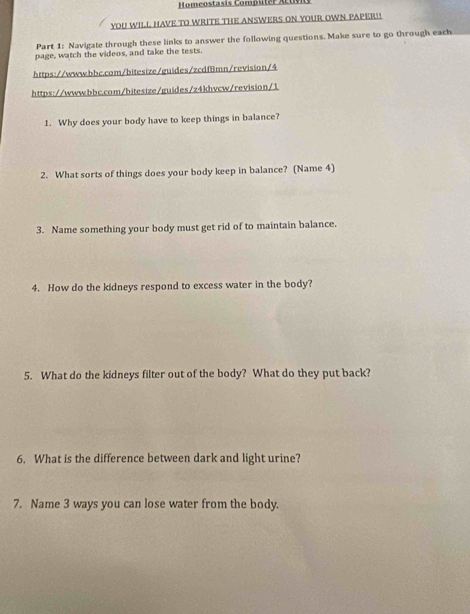 Solved: Homeostasis Computer Activity YOU WILL HAVE TO WRITE THE ...