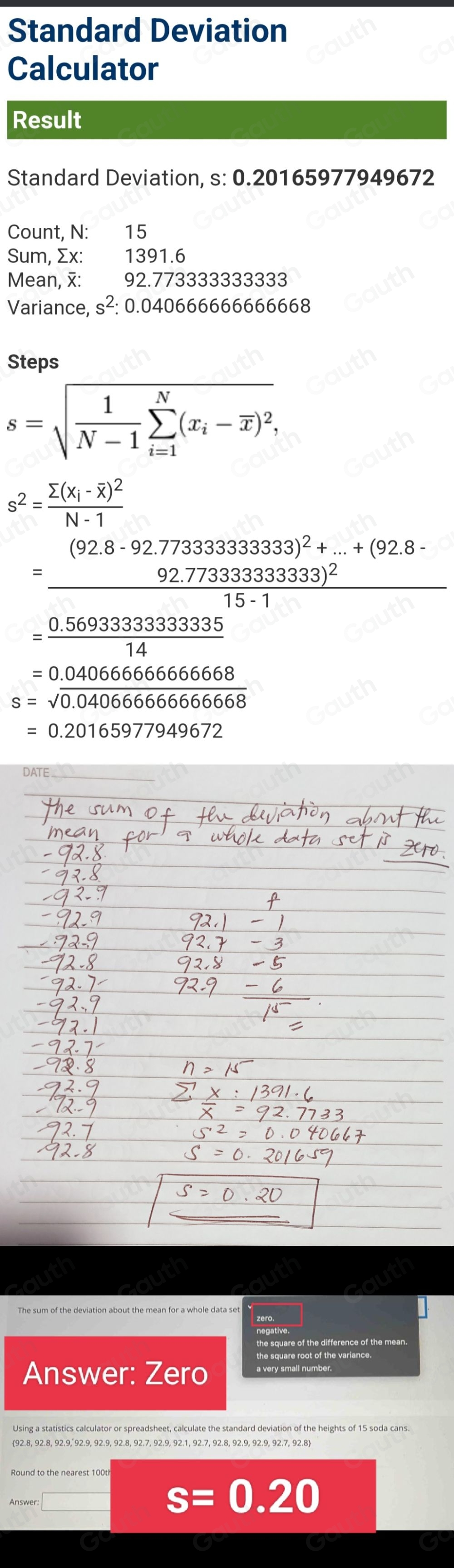 Solved: The sum of the deviation about the mean for a whole data set ...