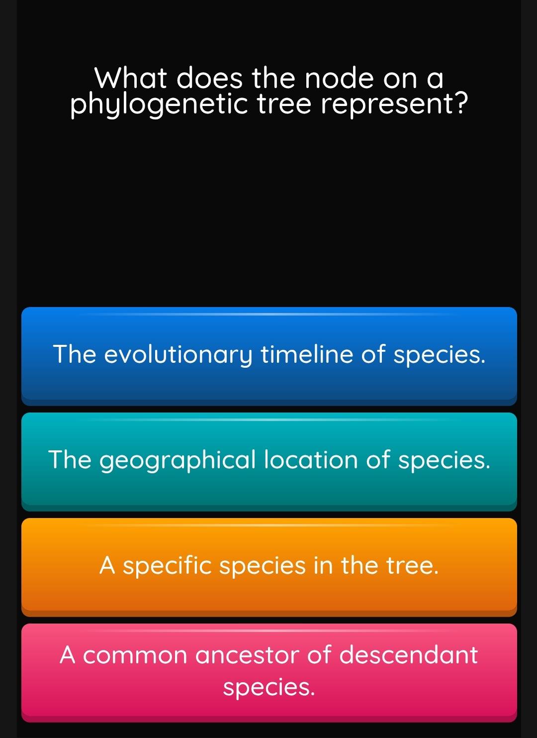 Solved: What does the node on a phylogenetic tree represent? The ...