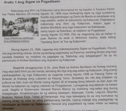 Solved: Aralin 1 Ang Sigaw sa Pugadlawin Nabunyag ang lihim ng ...