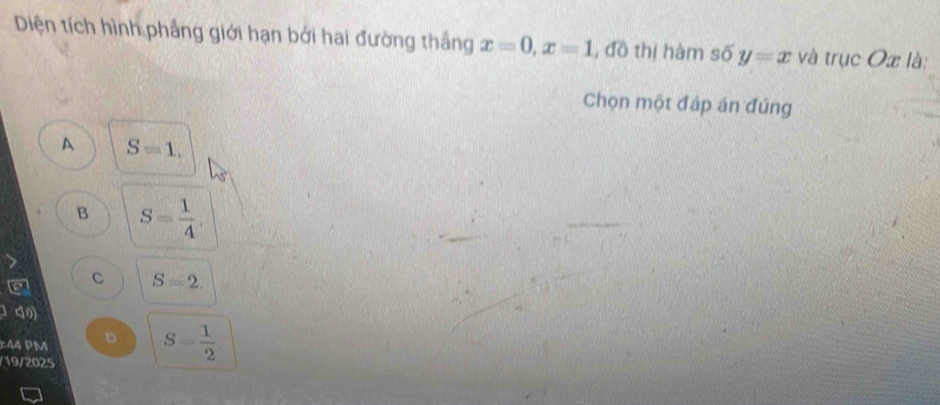 Giải quyết:Diện tích hình phầng giới hạn bởi hai đường thắng x=0, x=1 , đồ thị hàm số y=x và trục Ox