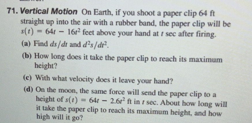 Solved: Vertical Motion On Earth, if you shoot a paper clip 64 ft ...