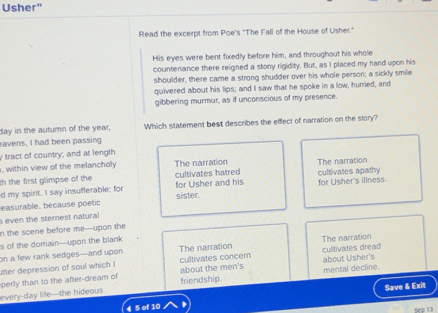 Solved: Usher" Read the excerpt from Poe's ''The Fall of the House of ...