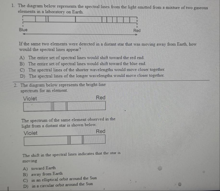 Solved: The diagram below represents the spectral lines from the light ...