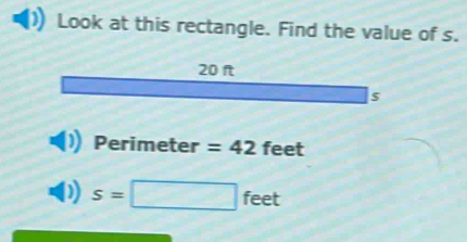 Solved: Look at this rectangle. Find the value of s. 20 π s Perimeter ...