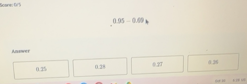 Solved: Score: 0/5 0.95-0.69 Answer 0.25 0.28 0.27 0.26 Get 30 6:28 US ...