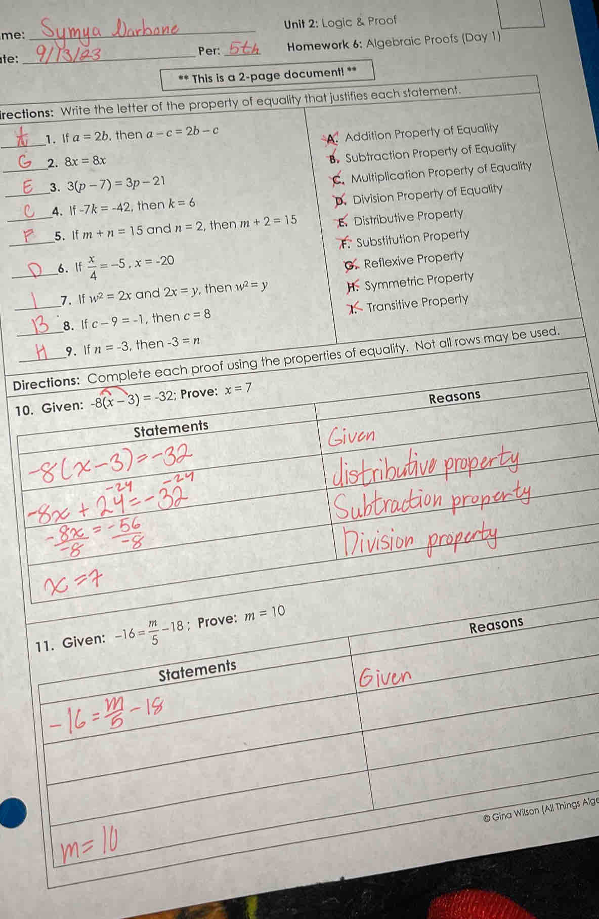 Logic & Proof me: _ Per: _ Homework 6: Algebraic Proofs (Day 1 ...