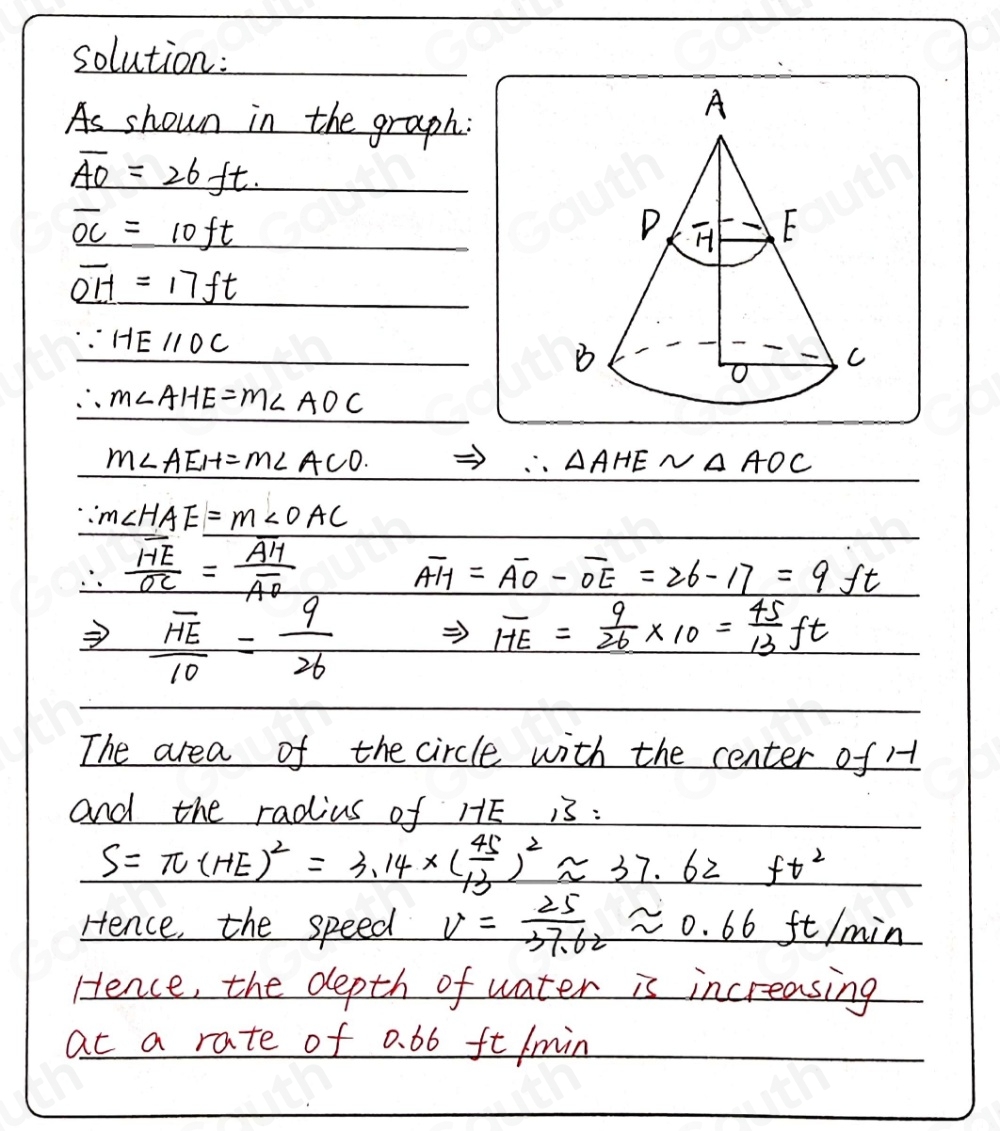 Solved: A conical water tower with vertex down has a radius of 10 ft at ...