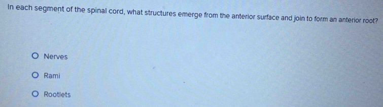 Solved: In each segment of the spinal cord, what structures emerge from ...