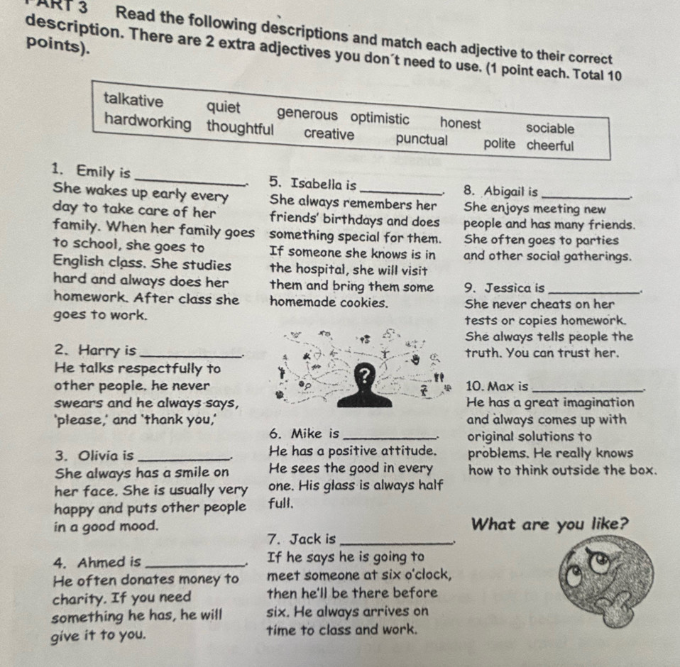 Resuelto:ART 3 Read the following descriptions and match each adjective ...