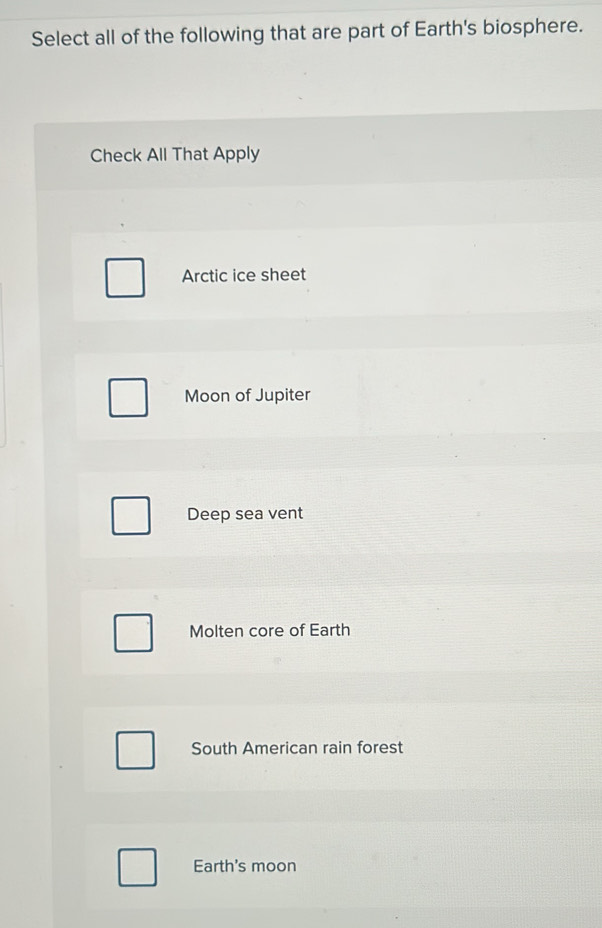 Solved: Select all of the following that are part of Earth's biosphere ...
