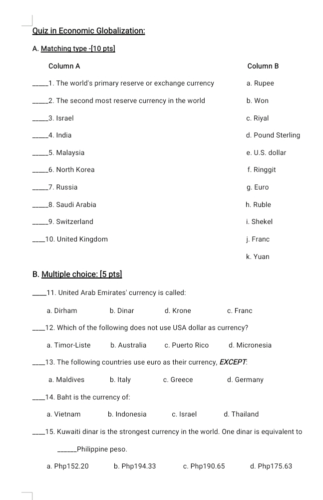 Solved: Quiz in Economic Globalization: A. Matching type -[10 pts ...