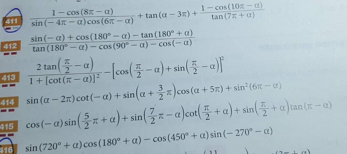 Risolto:411 (1-cos (8π -alpha ))/sin (-4π -alpha )cos (6π -alpha ) +tan ...