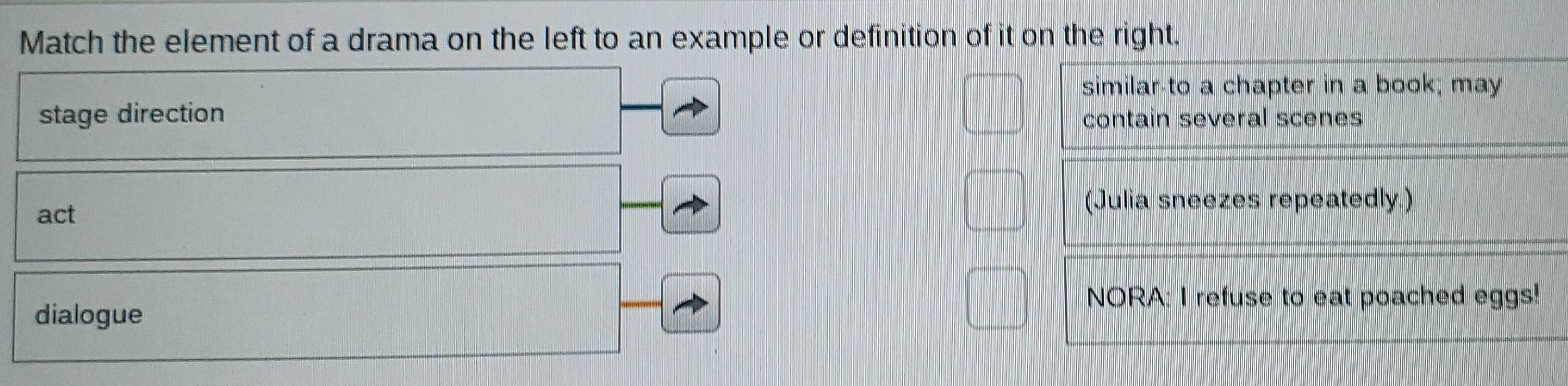 Solved: Match the element of a drama on the left to an example or ...