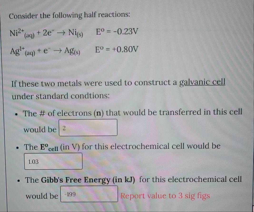 Solved: Consider the following half reactions: Ni^(2+)_(aq)+2e^-to Ni ...