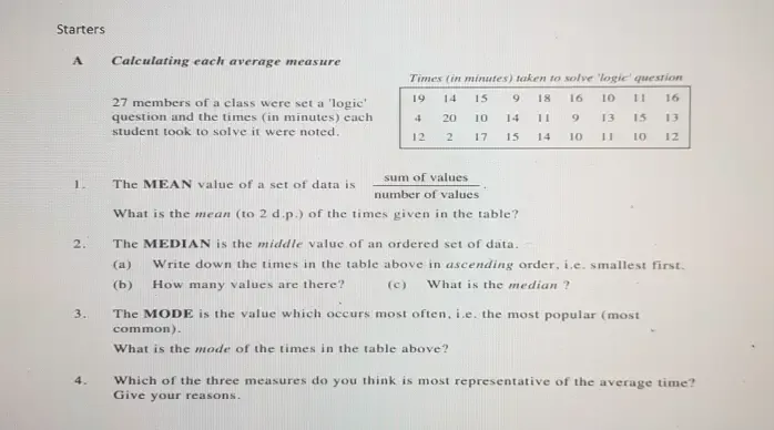 Solved: Starters A Calculating each average measure Times (in minutes ...