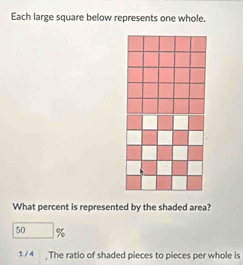 Solved: Each large square below represents one whole. What percent is represented by the shaded ...