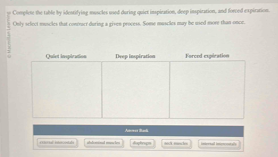 Solved: Complete the table by identifying muscles used during quiet ...