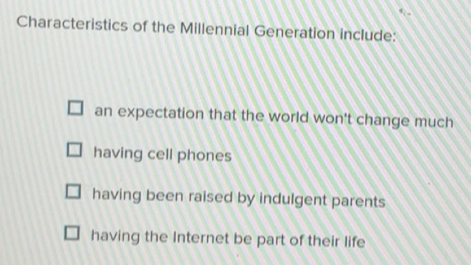 Solved: Characteristics of the Millennial Generation include: an ...