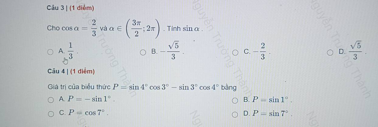 Giải quyết:Cho cos alpha = 2/3 và alpha ∈ ( 3π /2 ;2π ). Tính sin alpha ...