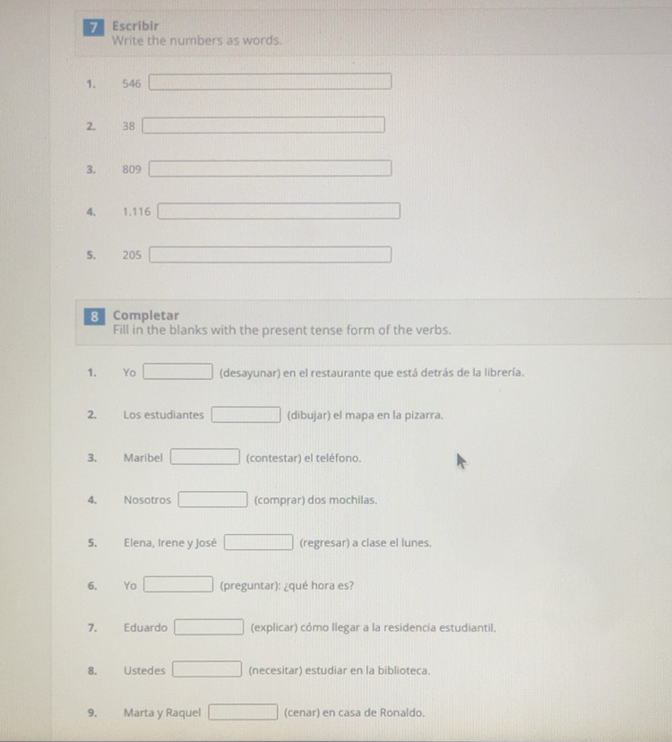 Solved: Escribir Write the numbers as words. 1. 546 x_ 2. 38 100,4) x ...