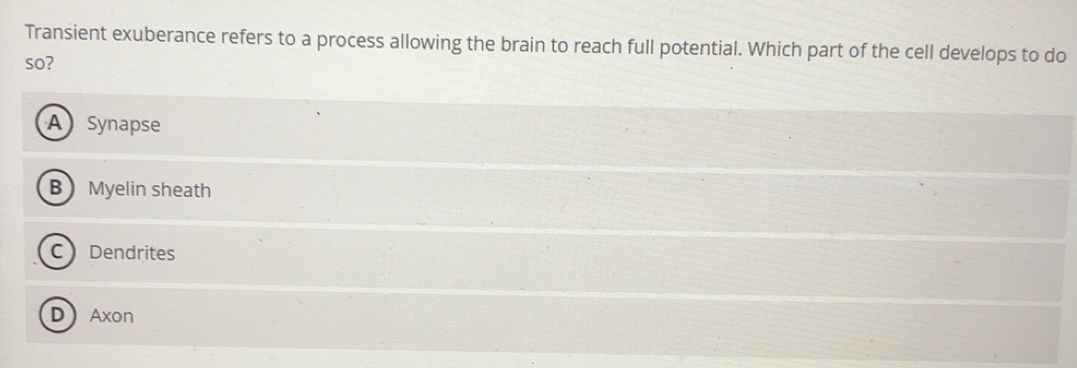 Solved: Transient exuberance refers to a process allowing the brain to ...