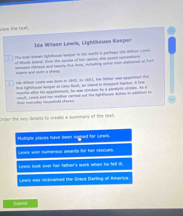 Solved: view the text. Ida Wilson Lewis, Lighthouse Keeper 1 The best ...