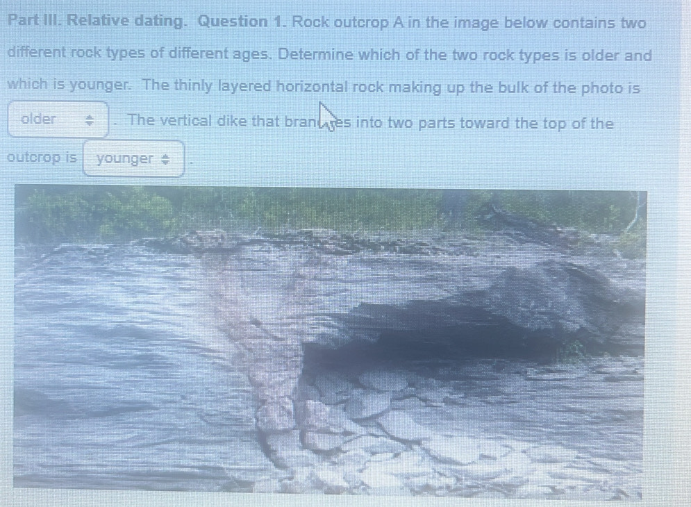 Solved: Part III. Relative dating. Question 1. Rock outcrop A in the ...