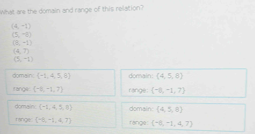 Solved: What are the domain and range of this relation? (4,-1) (5,-8 ...