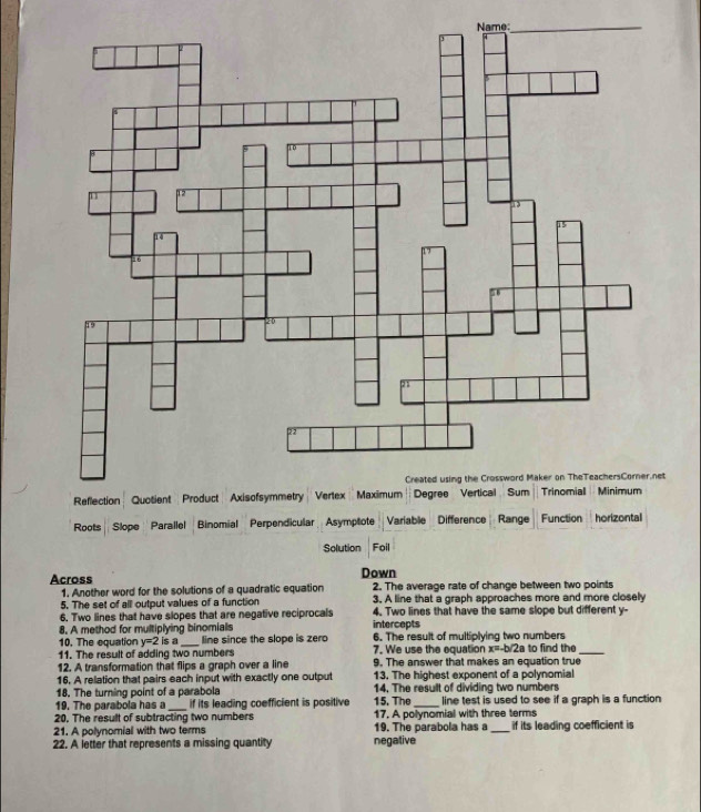 Solved: Name: Roots Slope Parallel Binomial Perpendicular Asymptote ...