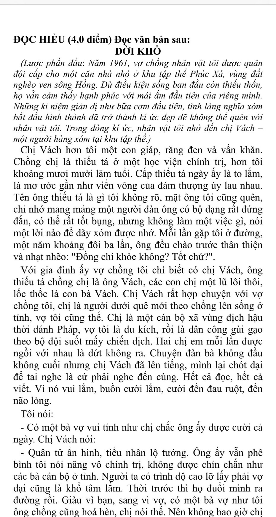 Giải quyết:ĐQC HIÊU (4,0 điểm) Đọc văn bản sau: Đời KhỔ (Lược phần đầu ...