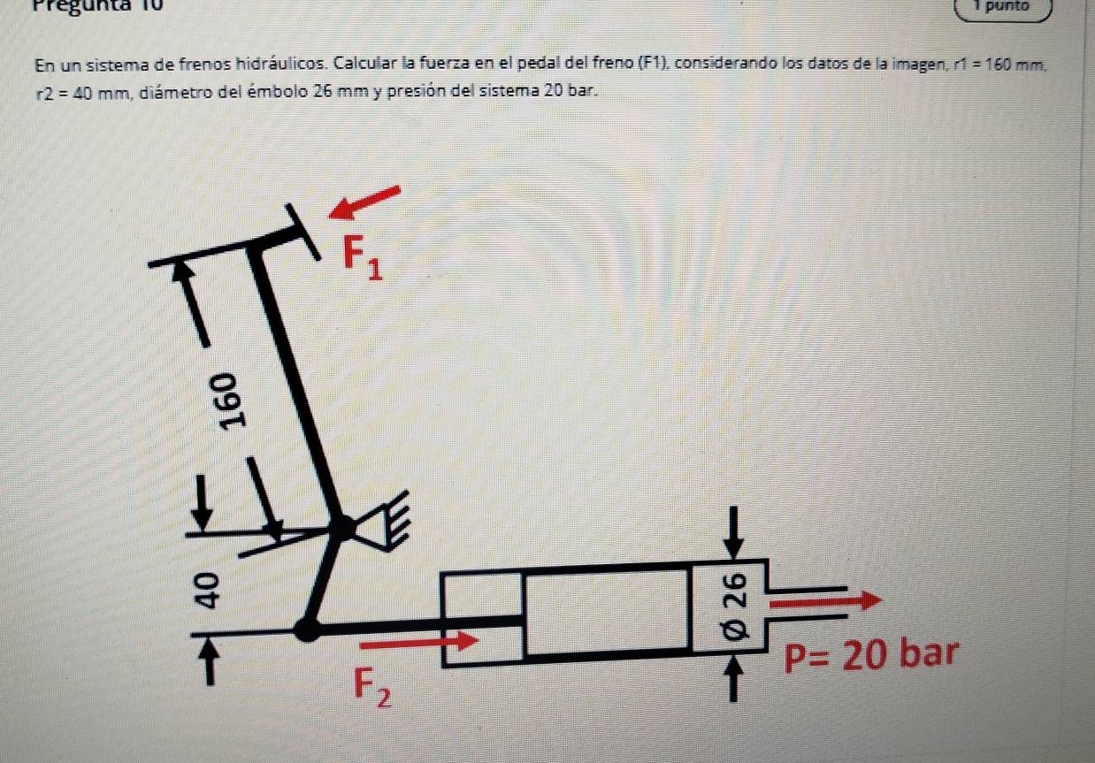 Resuelto:Pregunta 10 1 punto En un sistema de frenos hidráulicos. Calcular la fuerza en el pedal de