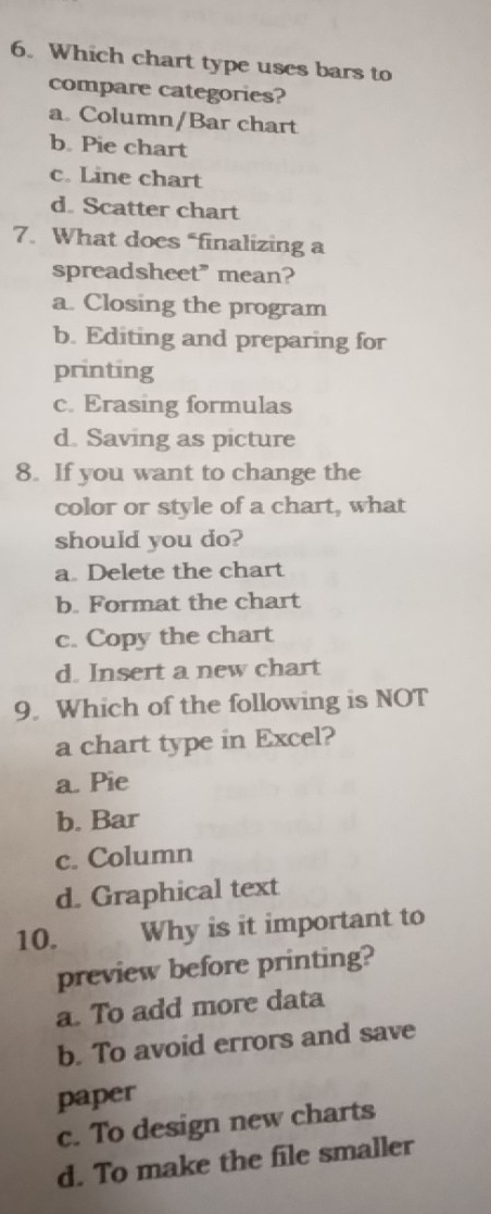 Solved: Which chart type uses bars to compare categories? a. Column/Bar ...