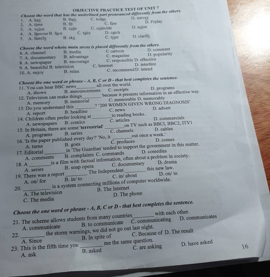 Giải quyết:OBJECTIVE PRACTICE TEST OF UNIT 7 Choose the word that has ...