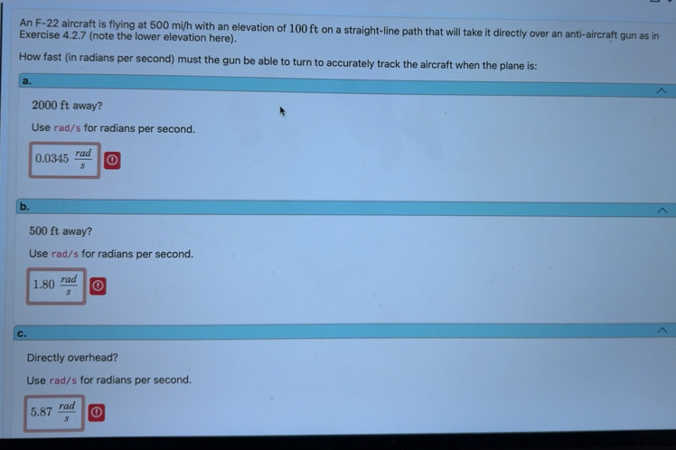Solved: An F-22 aircraft is flying at 500 mi/h with an elevation of 100 ...