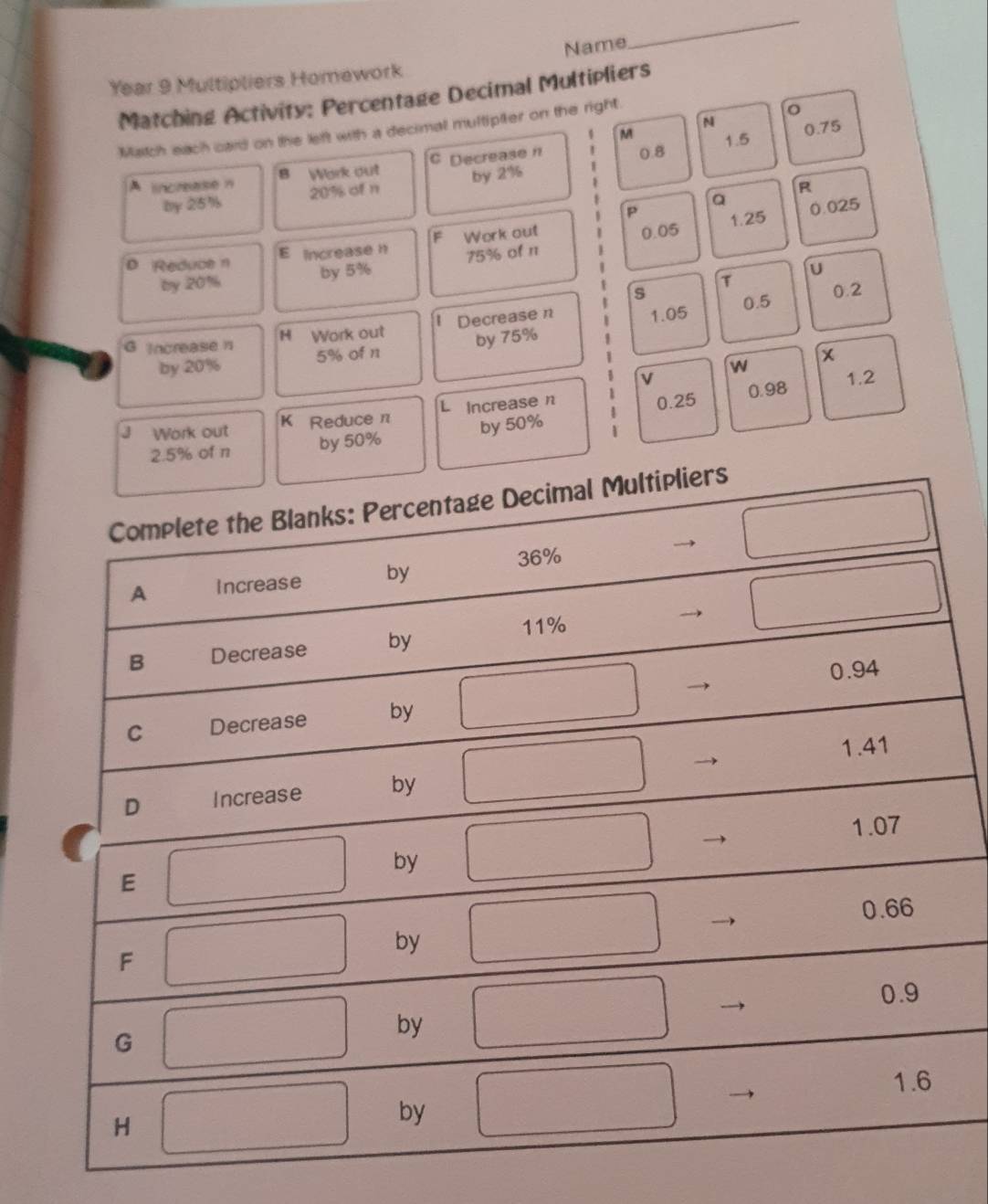 Solved: Name _ Year 9 Multipliers Homework Matching Activity ...