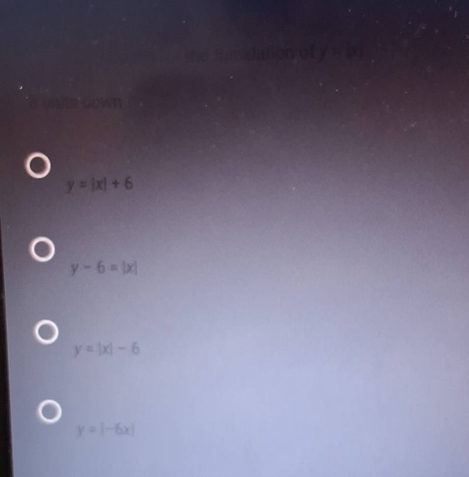 Solved: y=|x|+6 y-6=|x| y=|x|-6 y=(-6x) [Math]